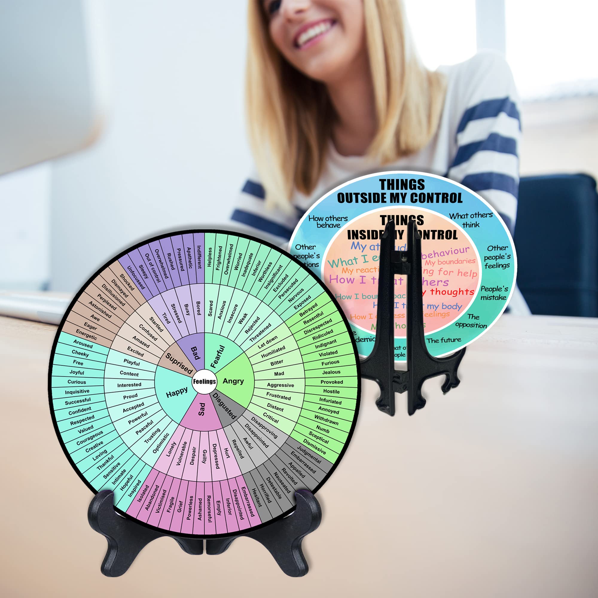 2Pcs Feelings Wheel Office Desk Decor, Double-Sided Wood Emotion Wheel with Black Base, Things Inside/Outside My Control Room Home Table Decoration Gift for Office Women Men