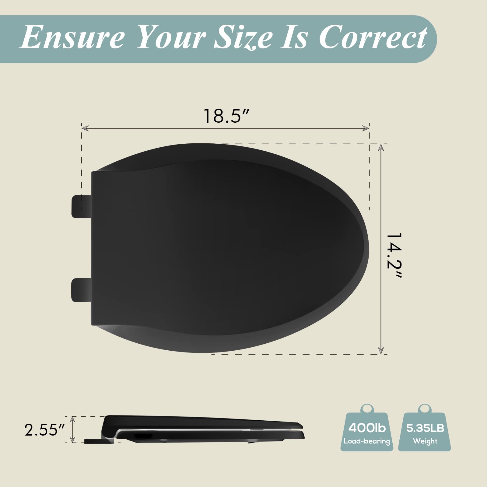 Toilet Seat Elongated, Quick-Release Hinges, Slow-Close, Easy to Clean, Heavy Duty, 6 Anti-Slip Devices Never Loosen, Environmentally Friendly Materials, Black 18.5"