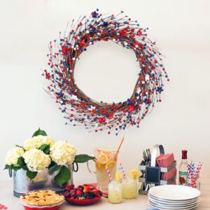 LLZLL 20Inch Patriotic Wreaths for Front Door 4th of July Handmade Red White and Blue Berry Wreath Fourth of July Memorial Day Independence Day Patriotic Wreath for Front Door Decorations