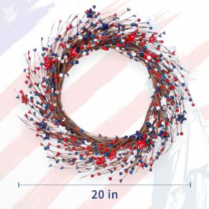 LLZLL 20Inch Patriotic Wreaths for Front Door 4th of July Handmade Red White and Blue Berry Wreath Fourth of July Memorial Day Independence Day Patriotic Wreath for Front Door Decorations