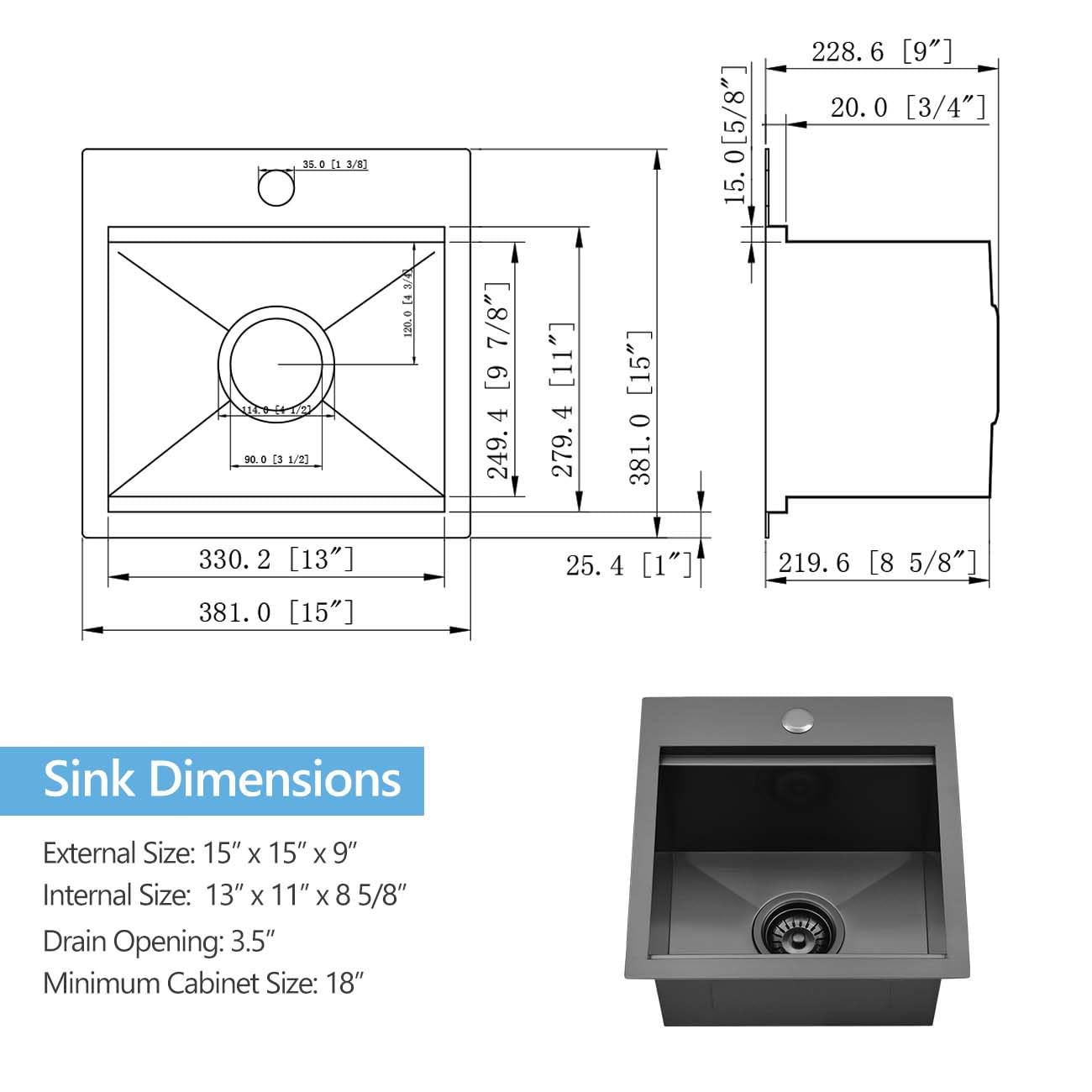 15 Black Stainless Steel Drop In Kitchen Bar Sink, Scamall 15X15X9 Inches Topmount Small Bar Sink - 16 Gauge Black Stainless Steel Workstation Kitchen Bar Sink SM021-1SBG