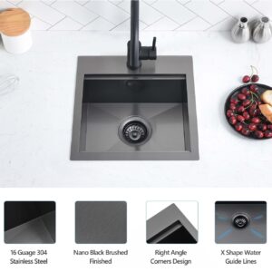 15 Black Stainless Steel Drop In Kitchen Bar Sink, Scamall 15X15X9 Inches Topmount Small Bar Sink - 16 Gauge Black Stainless Steel Workstation Kitchen Bar Sink SM021-1SBG