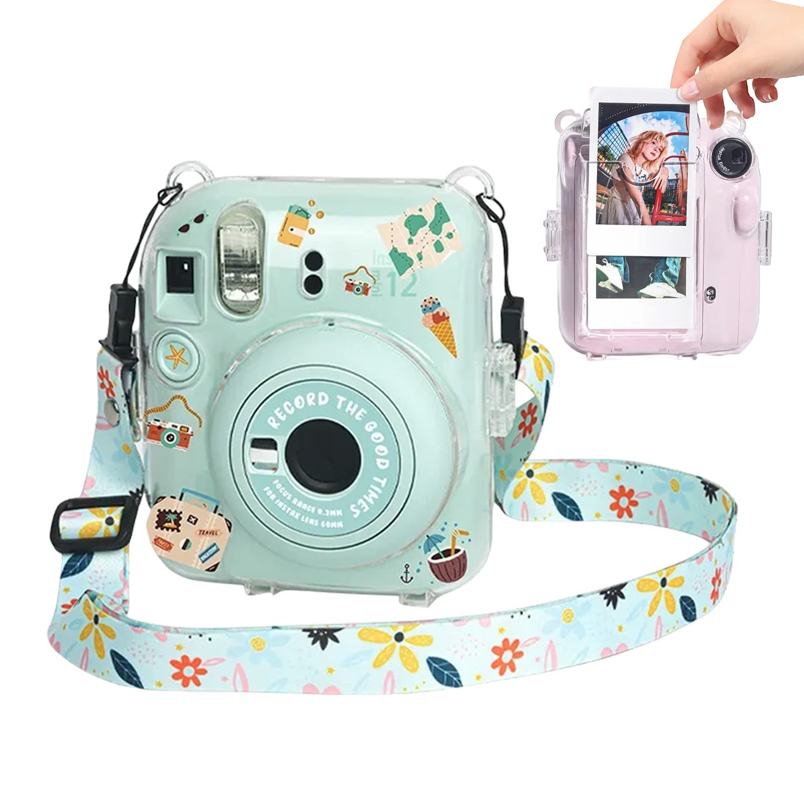 Kimyoaee Mini12 Clear Case Bundle Set for Fujifilm Instax Mini 12 Instant Camera Accessories with Films Pocket Picture Holder, Sticker Decal, Adjustable Shoulder Strap