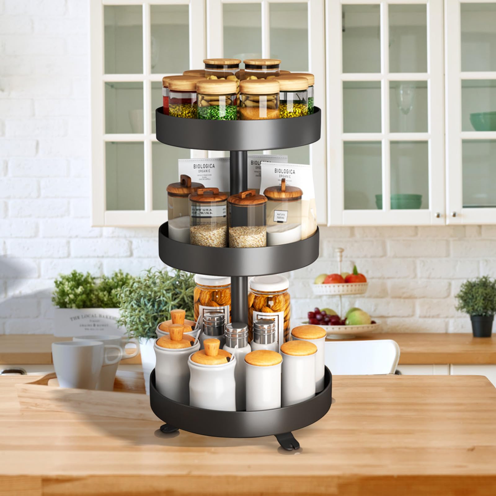 Lazy Storage Rack, 3 Tier Metal Steel Rotating Spice Rack Metal Steel Rotating Spice Rack with Turntable for Kitchen Pantry Cupboard Table, 10" Black