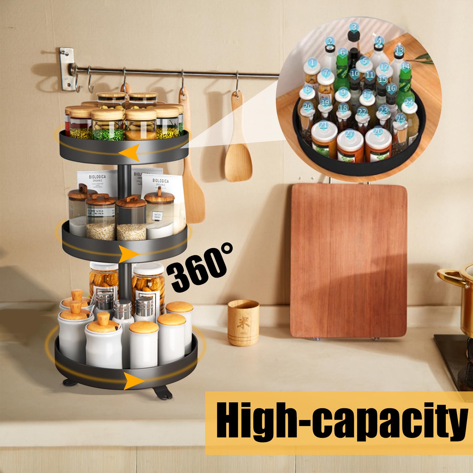 Lazy Storage Rack, 3 Tier Metal Steel Rotating Spice Rack Metal Steel Rotating Spice Rack with Turntable for Kitchen Pantry Cupboard Table, 10" Black