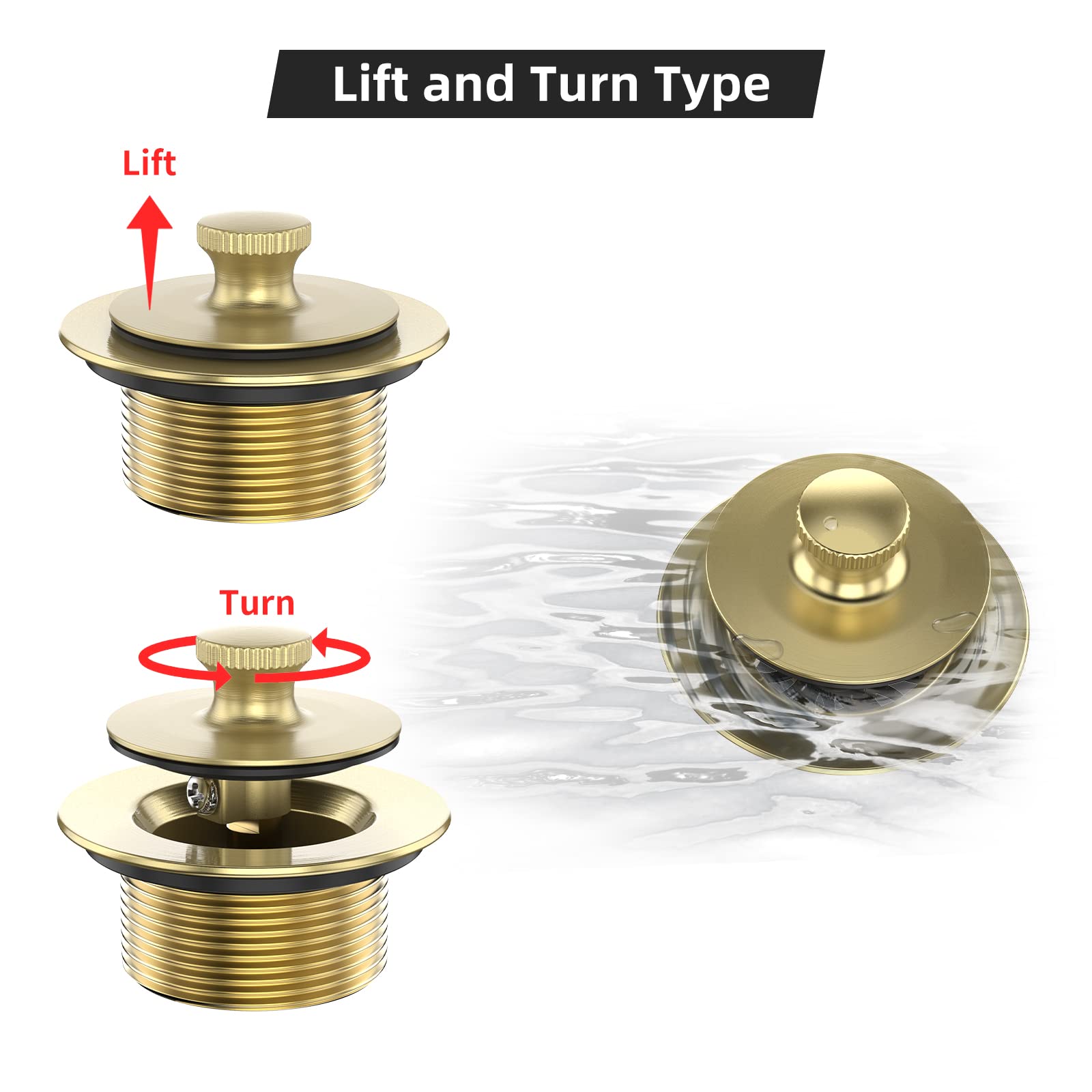 Brushed Gold Bathtub Drain Bath Tub Trim Set Conversion Kit Assembly, All Brass Lift and Turn Twist Tub Drains Replacement Trim Kit with Two-Hole Overflow Faceplate