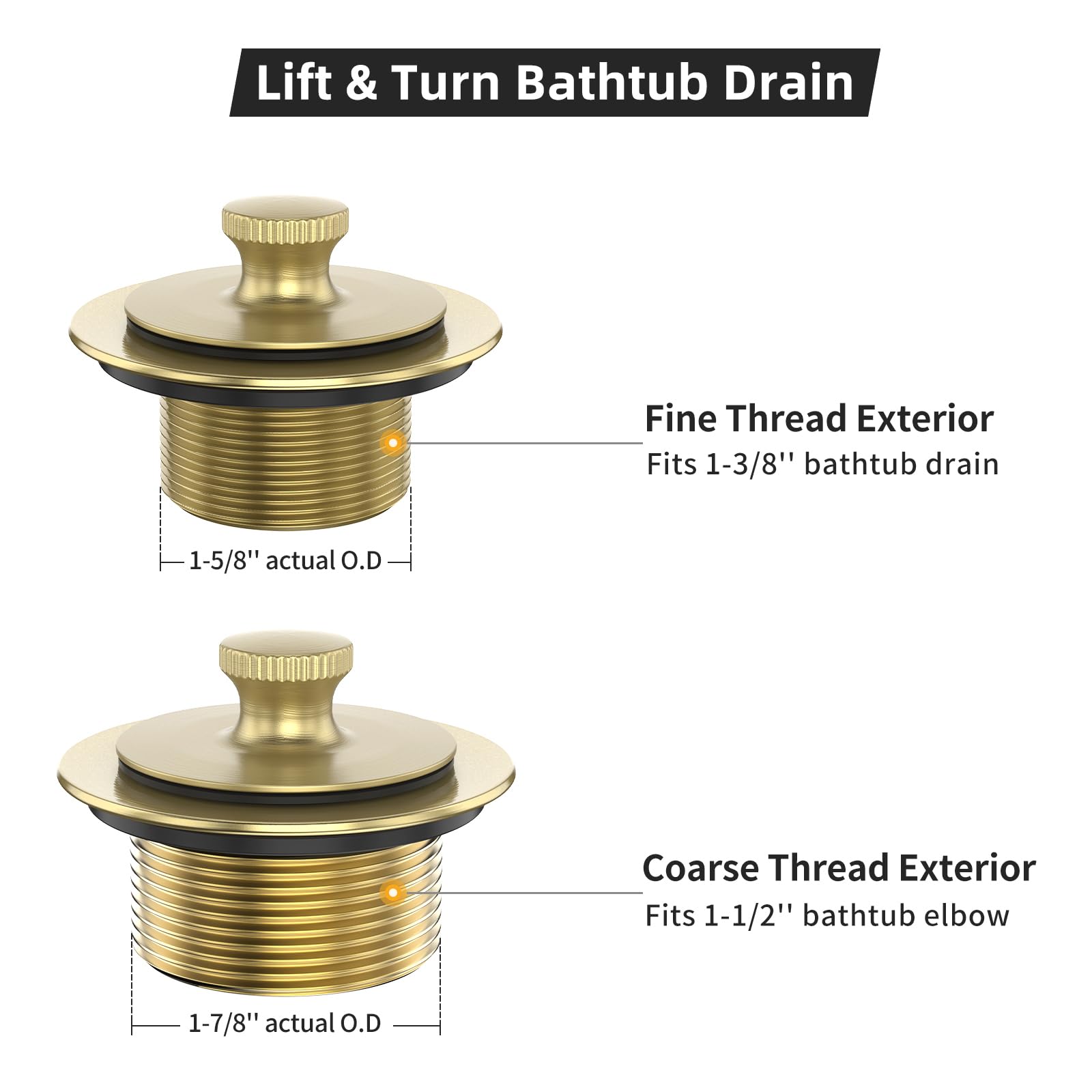 Brushed Gold Bathtub Drain Bath Tub Trim Set Conversion Kit Assembly, All Brass Lift and Turn Twist Tub Drains Replacement Trim Kit with Two-Hole Overflow Faceplate