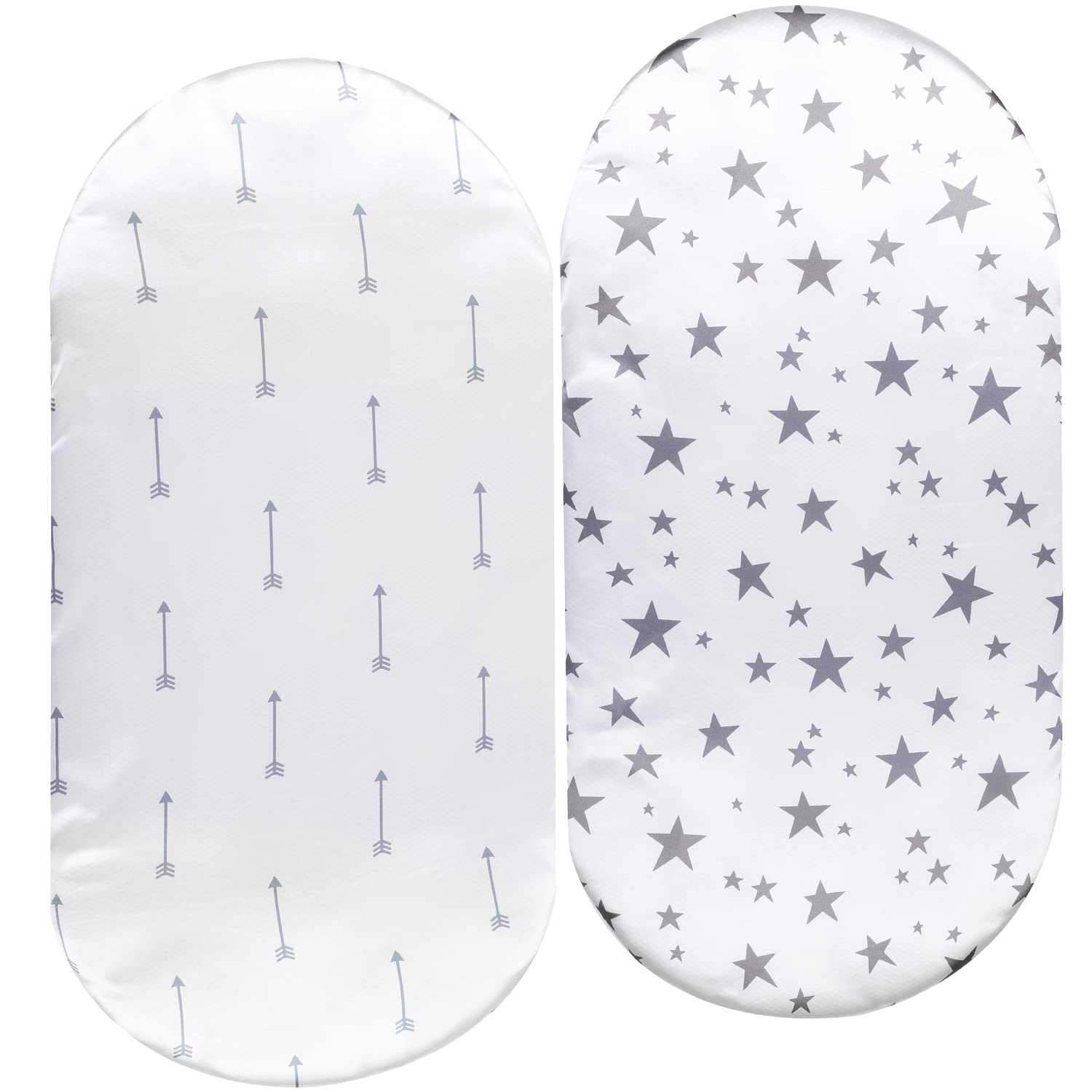 Bassinet Sheet Set 2 Pack Satin Ultra Soft Silk Fit for Rectangle, Hourglass, Oval Bassinet Mattress Protect for Baby Hair and Skin Cradle or Bassinet Sheets, Arrows & Stars