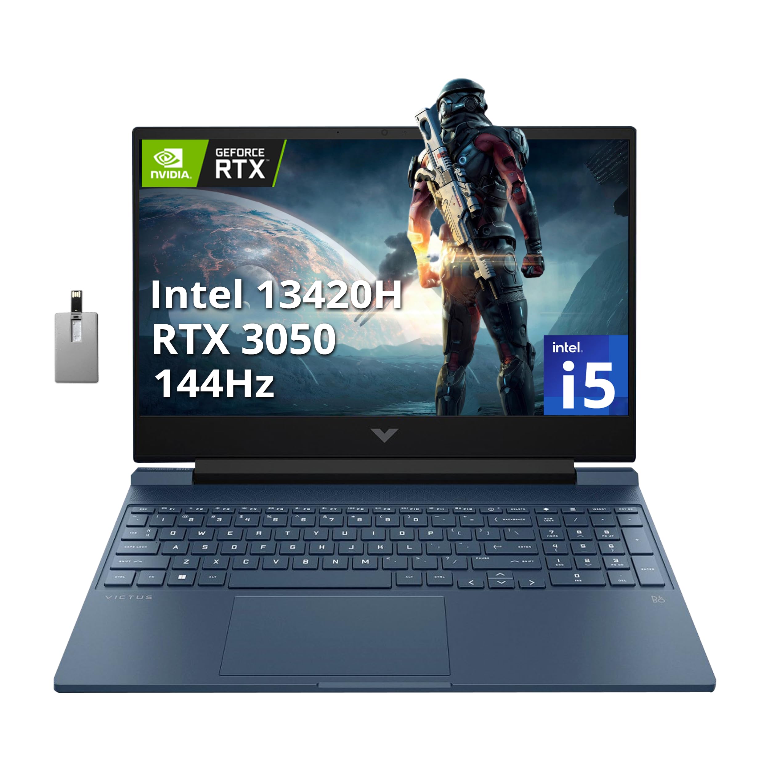 HP Victus 15.6" FHD 144Hz Gaming Laptop, Intel Core i5-13420H, 16GB RAM, 1TB PCIe SSD, NVIDIA GeForce GTX 3050 Graphics 6GB, Backlit Keyboard, Webcam, WiFi 6, Windows 11, Blue, 32GB Hotface USB Card