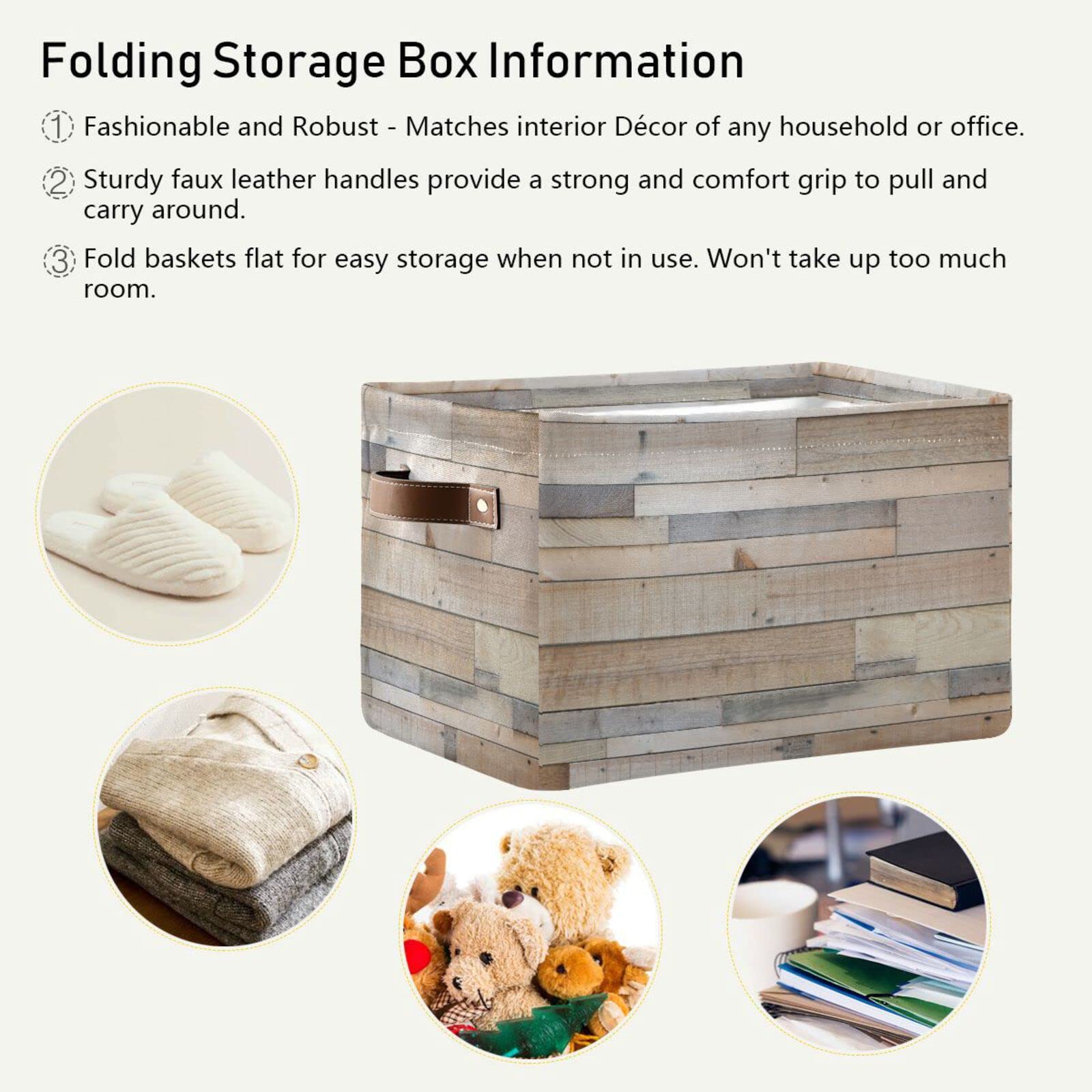 ALAZA Wood Plank Rustic Large Storage Baskets with Handles Foldable Decorative 2 Pack Storage Bins Boxes for Organizing Living Room Shelves Office Closet Clothes