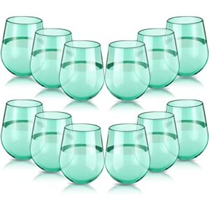 zubebe 12 pack 15oz plastic stemless wine glasses bulk colored unbreakable reusable wine glasses shatterproof drinking glasses drinkware for indoor outdoor dining wine supplies (green)