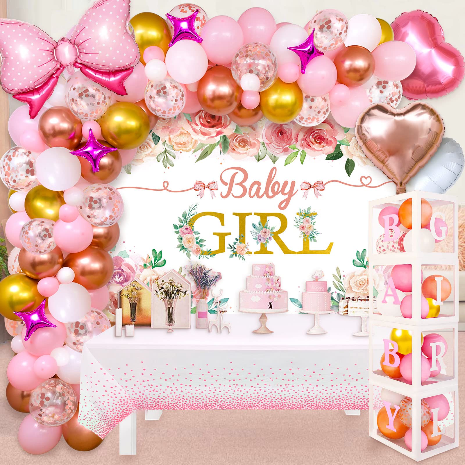 Winrayk 145Pcs Baby Shower Decorations for Girl Baby Boxes with Letters (Baby Girl+A-Z) & Rose Gold Pink Balloon Arch & Backdrop Tablecloth & Bowtie Heart Balloon Princess Girl Baby Shower Decorations