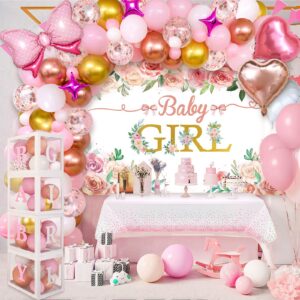 Winrayk 145Pcs Baby Shower Decorations for Girl Baby Boxes with Letters (Baby Girl+A-Z) & Rose Gold Pink Balloon Arch & Backdrop Tablecloth & Bowtie Heart Balloon Princess Girl Baby Shower Decorations