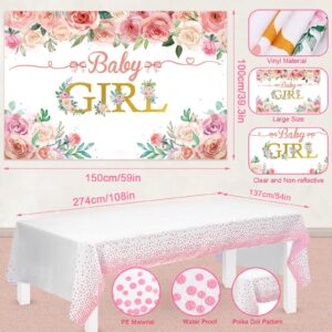 Winrayk 145Pcs Baby Shower Decorations for Girl Baby Boxes with Letters (Baby Girl+A-Z) & Rose Gold Pink Balloon Arch & Backdrop Tablecloth & Bowtie Heart Balloon Princess Girl Baby Shower Decorations