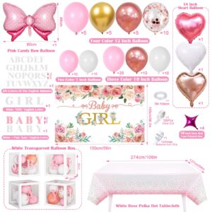 Winrayk 145Pcs Baby Shower Decorations for Girl Baby Boxes with Letters (Baby Girl+A-Z) & Rose Gold Pink Balloon Arch & Backdrop Tablecloth & Bowtie Heart Balloon Princess Girl Baby Shower Decorations