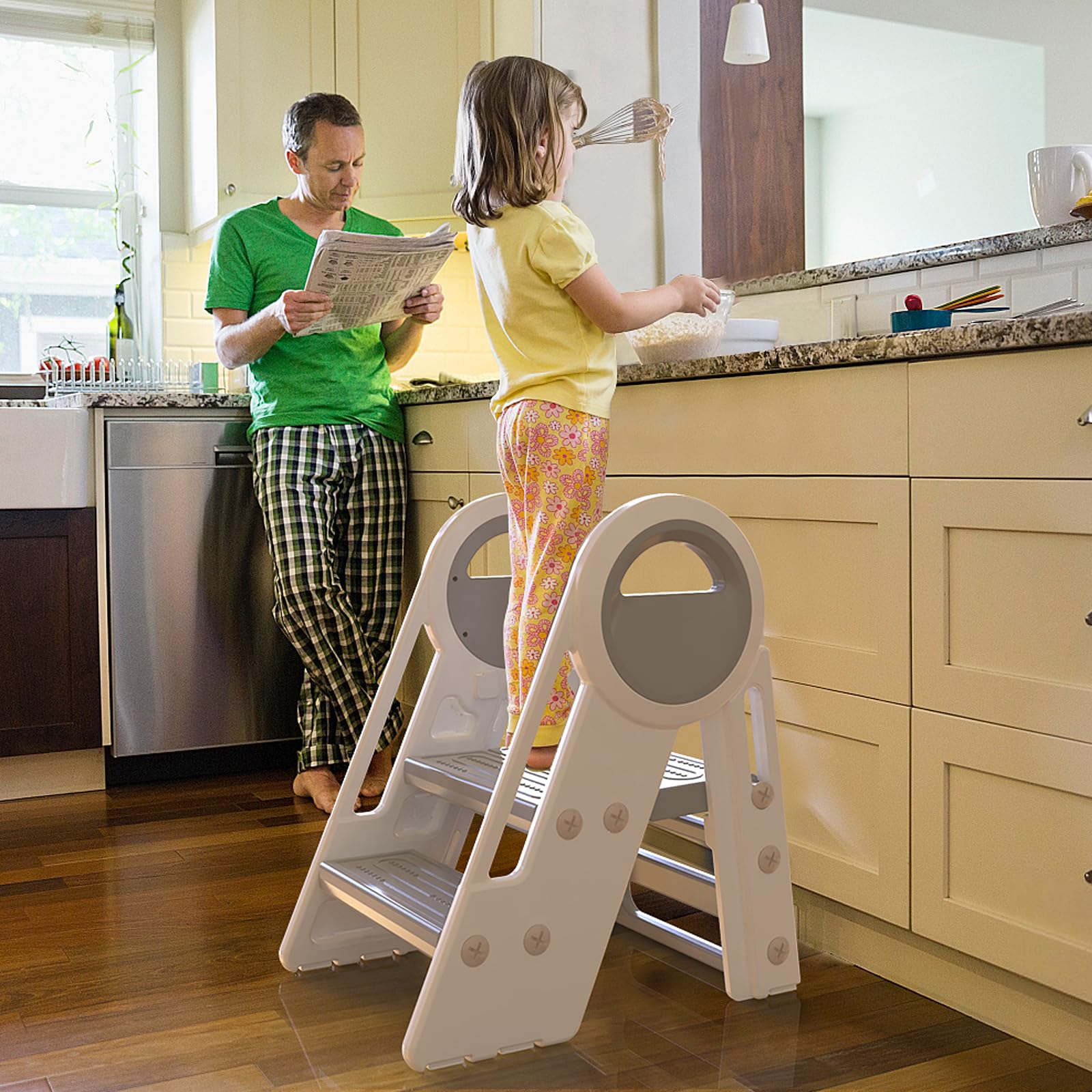 Glamore Toddler Step Stool for Bathroom Sink, Kitchen Counter Helper, Adjustable 3 Step Stool for Kids with Safety Handles and Non-Slip Foot Pads (Grey-White)