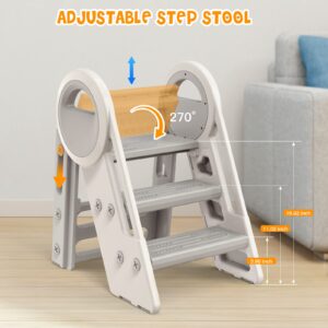 Glamore Toddler Step Stool for Bathroom Sink, Kitchen Counter Helper, Adjustable 3 Step Stool for Kids with Safety Handles and Non-Slip Foot Pads (Grey-White)