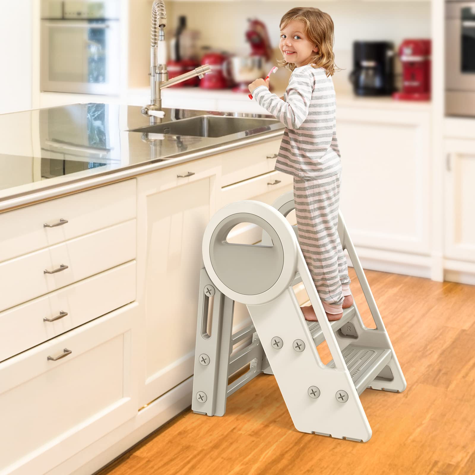 Glamore Toddler Step Stool for Bathroom Sink, Kitchen Counter Helper, Adjustable 3 Step Stool for Kids with Safety Handles and Non-Slip Foot Pads (Grey-White)