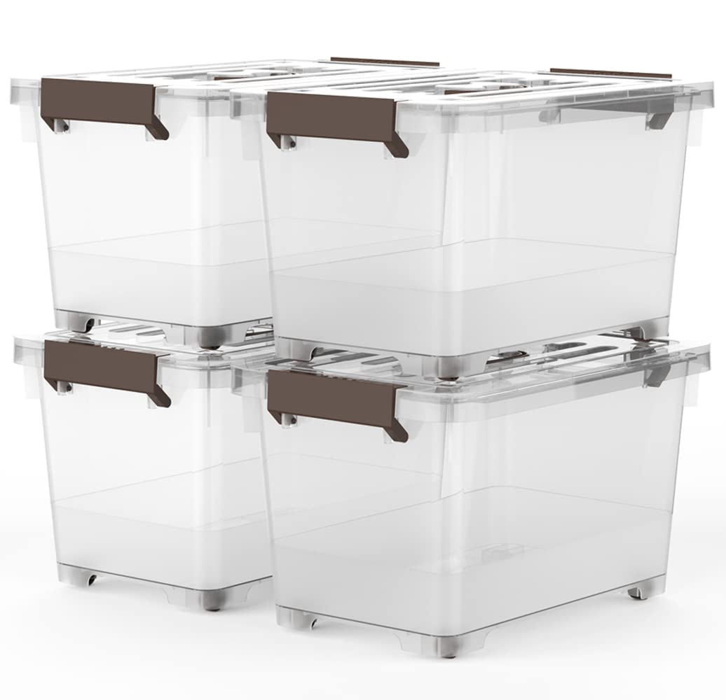 17 Quart Clear Storage Latch Box/Bin, 4-Pack Plastic Stackable Box Organization with Wheels Latching Handle and Lid