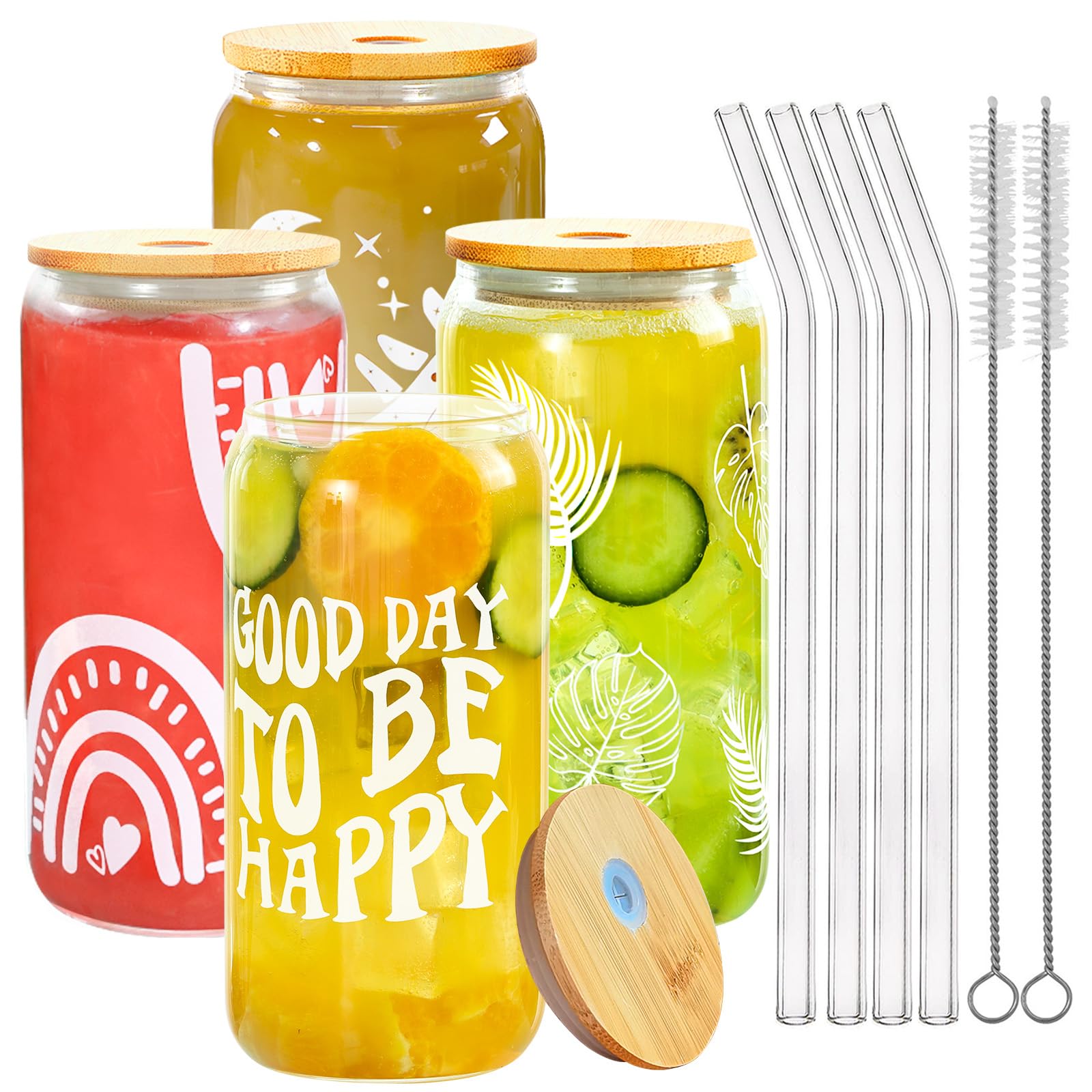 veecom Glass Cups with Lids and Straws, 4pcs Set Boho Printed Drinking Glasses with Bamboo Lids, 16oz Iced Coffee Cup with Lids, Cute Glass Coffee Cups Tumbler for Coffee, Smoothie, Boba