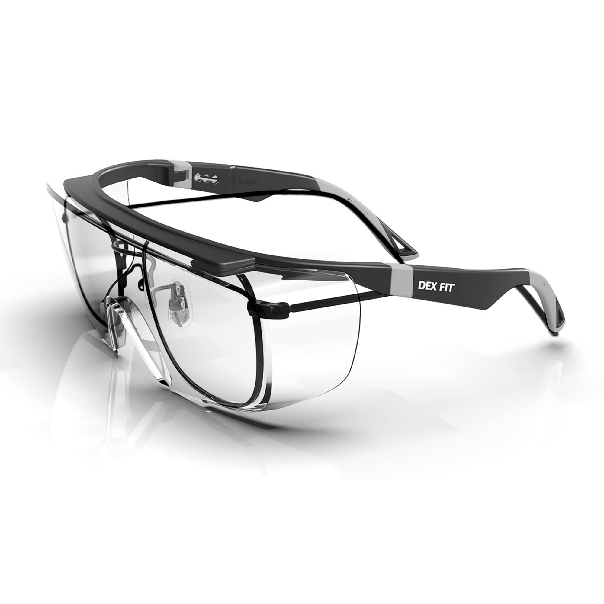 DEX FIT Safety Work Over Glasses SG210 OTG; Z87 Eye Protection for Men & Women, Fog & Scratch Resistant, Adjustable, UV Block (Black & Grey Frame, Clear Lens)