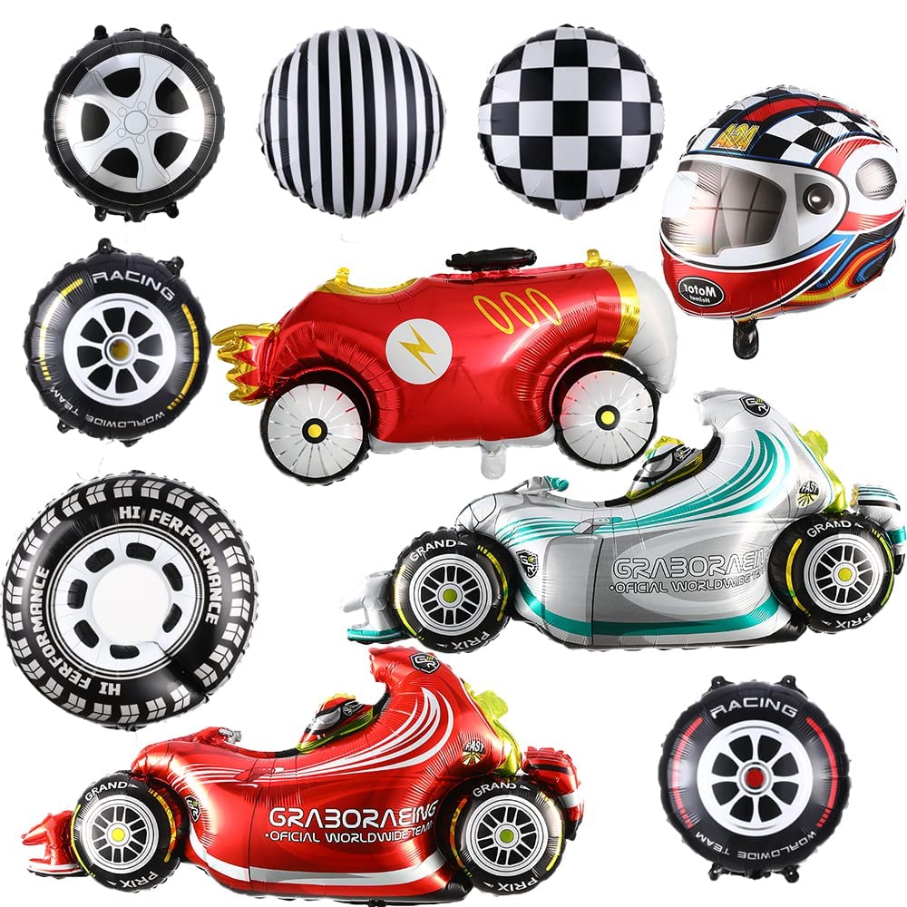 Race Car Balloons 10pcs Motor Speedy Race Car,Helmet Checkered Balloons and Wheel Tire Balloons for Boys Two Fast Birthday Party Decorations