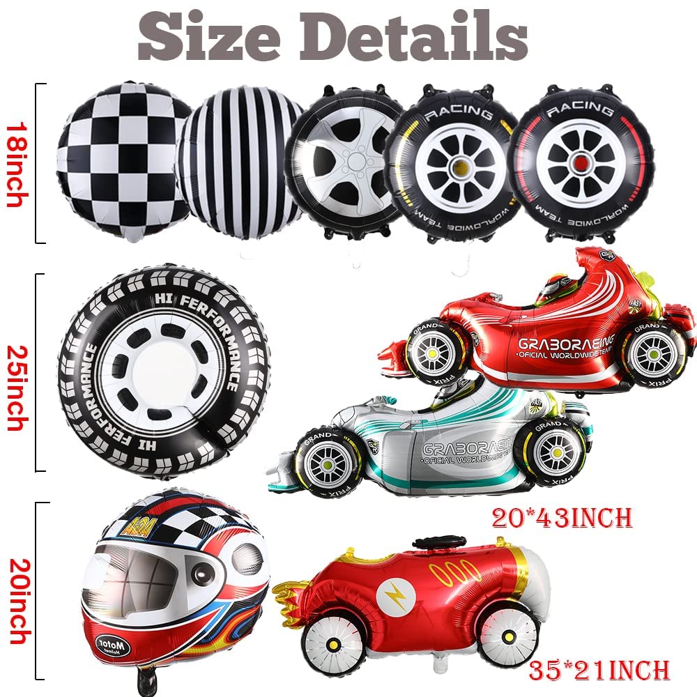 Race Car Balloons 10pcs Motor Speedy Race Car,Helmet Checkered Balloons and Wheel Tire Balloons for Boys Two Fast Birthday Party Decorations