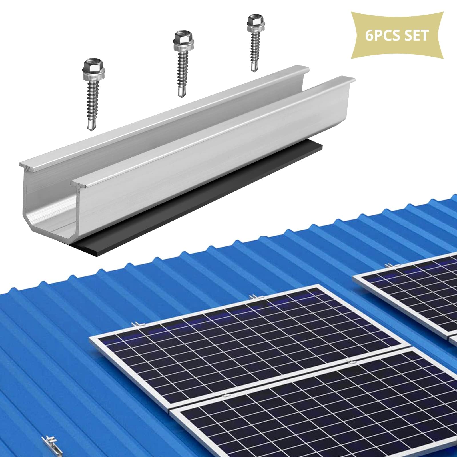 Anbte 6Pcs 7.87in Solar Panel Mounting Rail, Aluminum Solar Panel Mounting Brackets Include M5.5*30mm Screws + Rubber Pads, Solar Panel Brackets Kit for Metal Roof, Tin Roof, Flat Roof, Sheet Roof