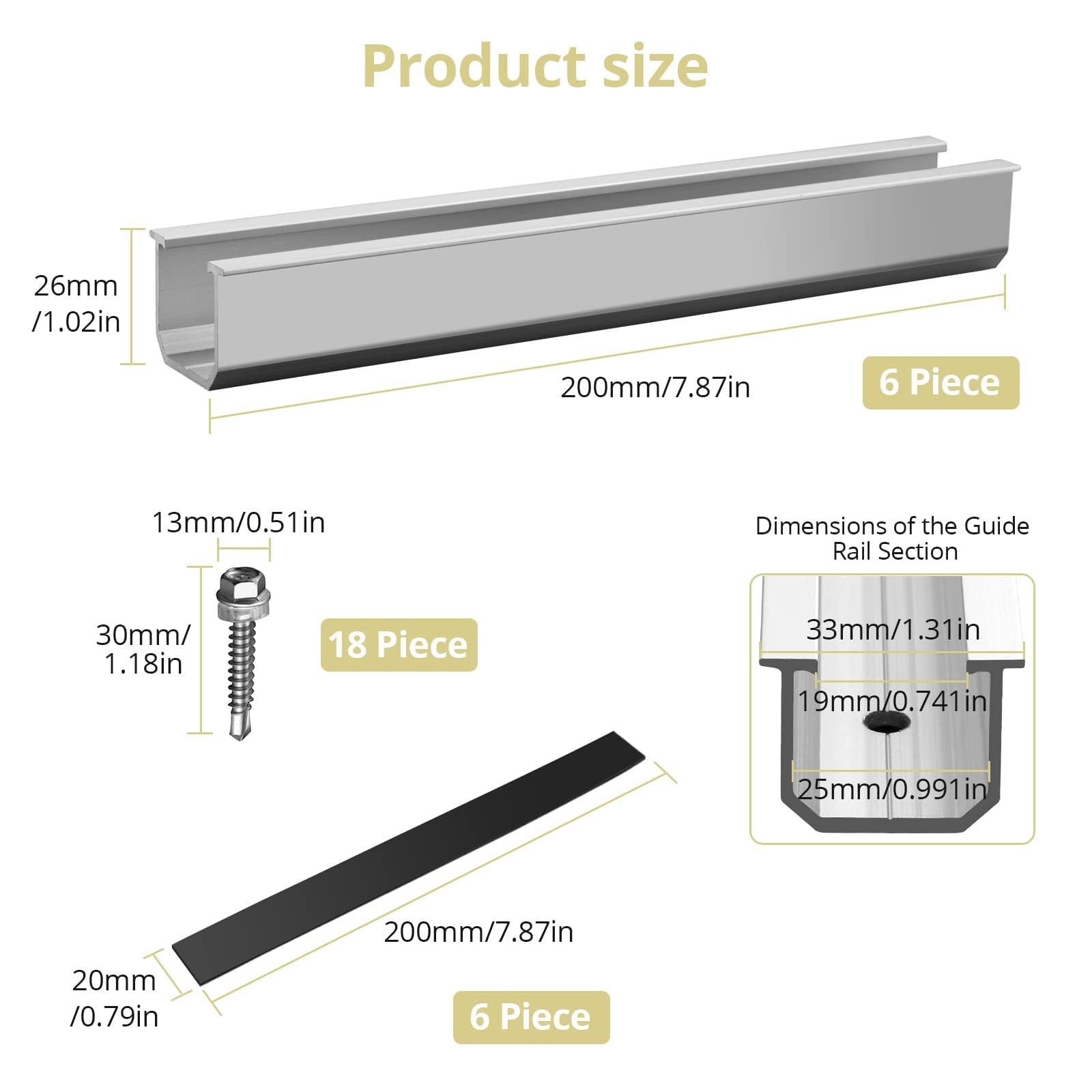 Anbte 6Pcs 7.87in Solar Panel Mounting Rail, Aluminum Solar Panel Mounting Brackets Include M5.5*30mm Screws + Rubber Pads, Solar Panel Brackets Kit for Metal Roof, Tin Roof, Flat Roof, Sheet Roof