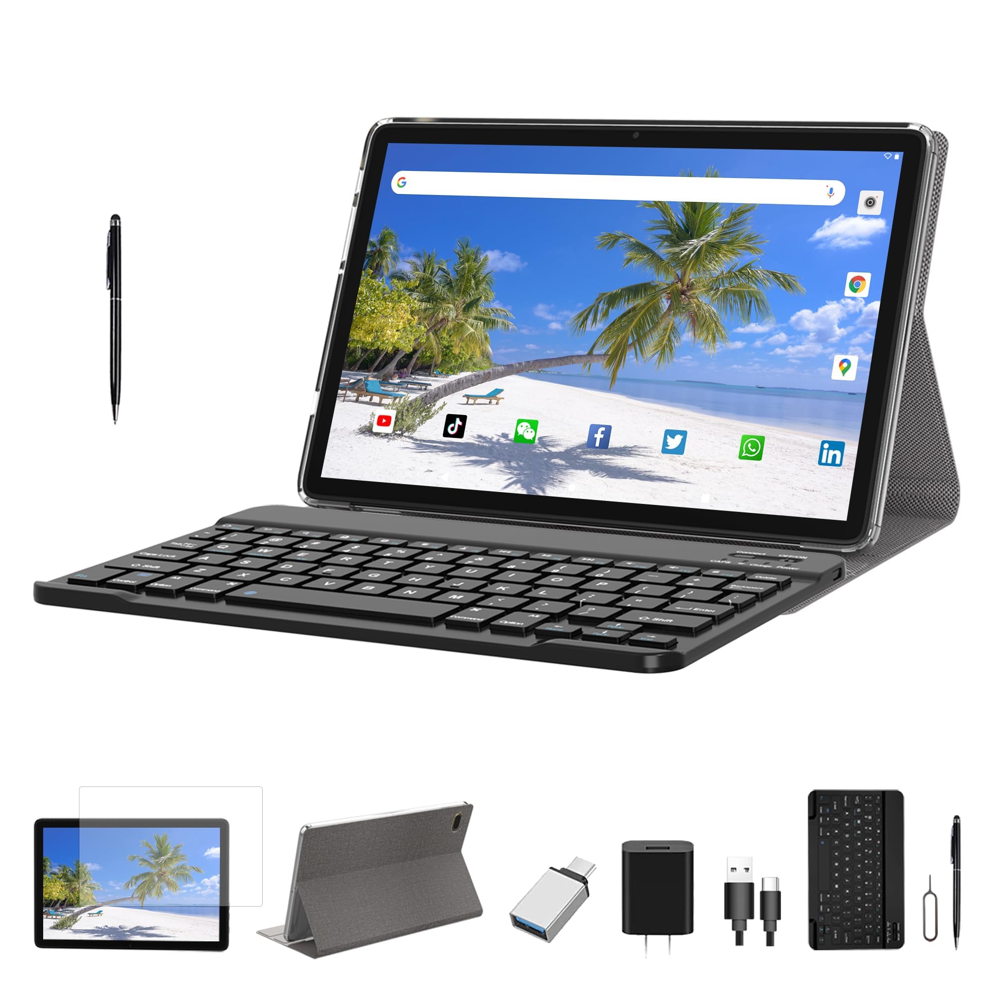 FESABOLE 2024 Newest 2 in 1 Tablet 10 inch Tablet 128GB Storage 1TB Expand Octa- Core Android Tablet Main13MP 5G WiFi Tablet IPS FHD with Stylus Keyboard