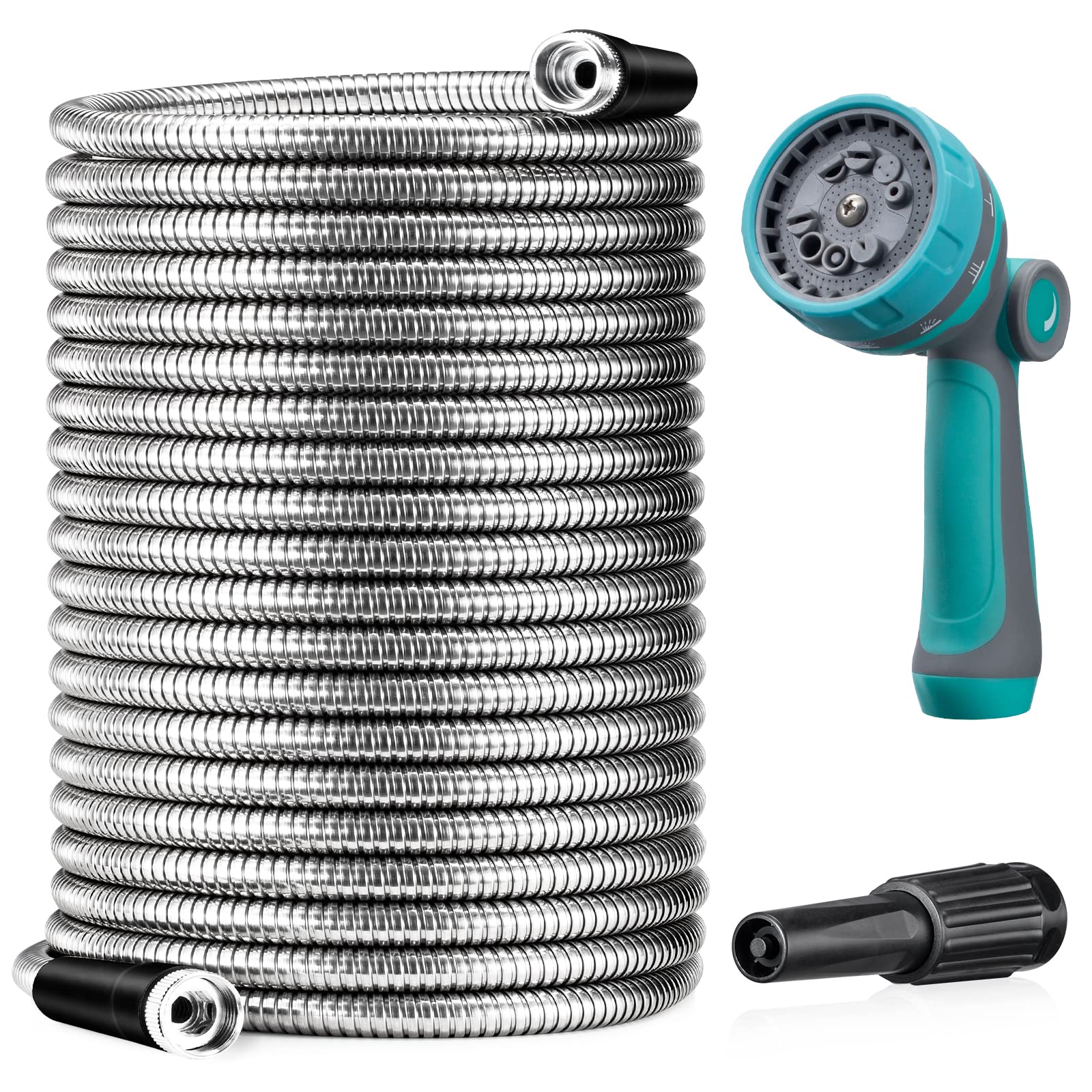 LOOHUU Metal Garden Hose 50ft - Stainless Steel Heavy Duty Water Hose with 10 Function Nozzle - Flexible, No Kink, Puncture Proof,Large Diameter Hose for Yard, Outdoors