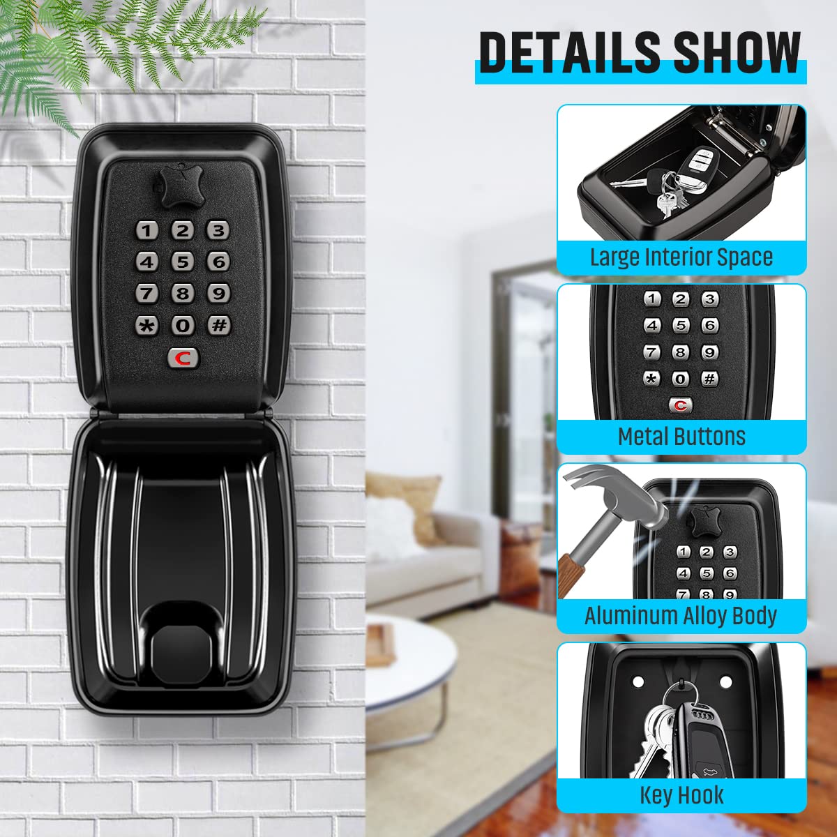 TEUEN Key Lock Box for Outside, Sturdy Waterproof Wall Mount Lock Box for House Key, 12-Digit Combination Resettable Large Capacity Security Lockbox for Home, Garage, Office, Warehouse