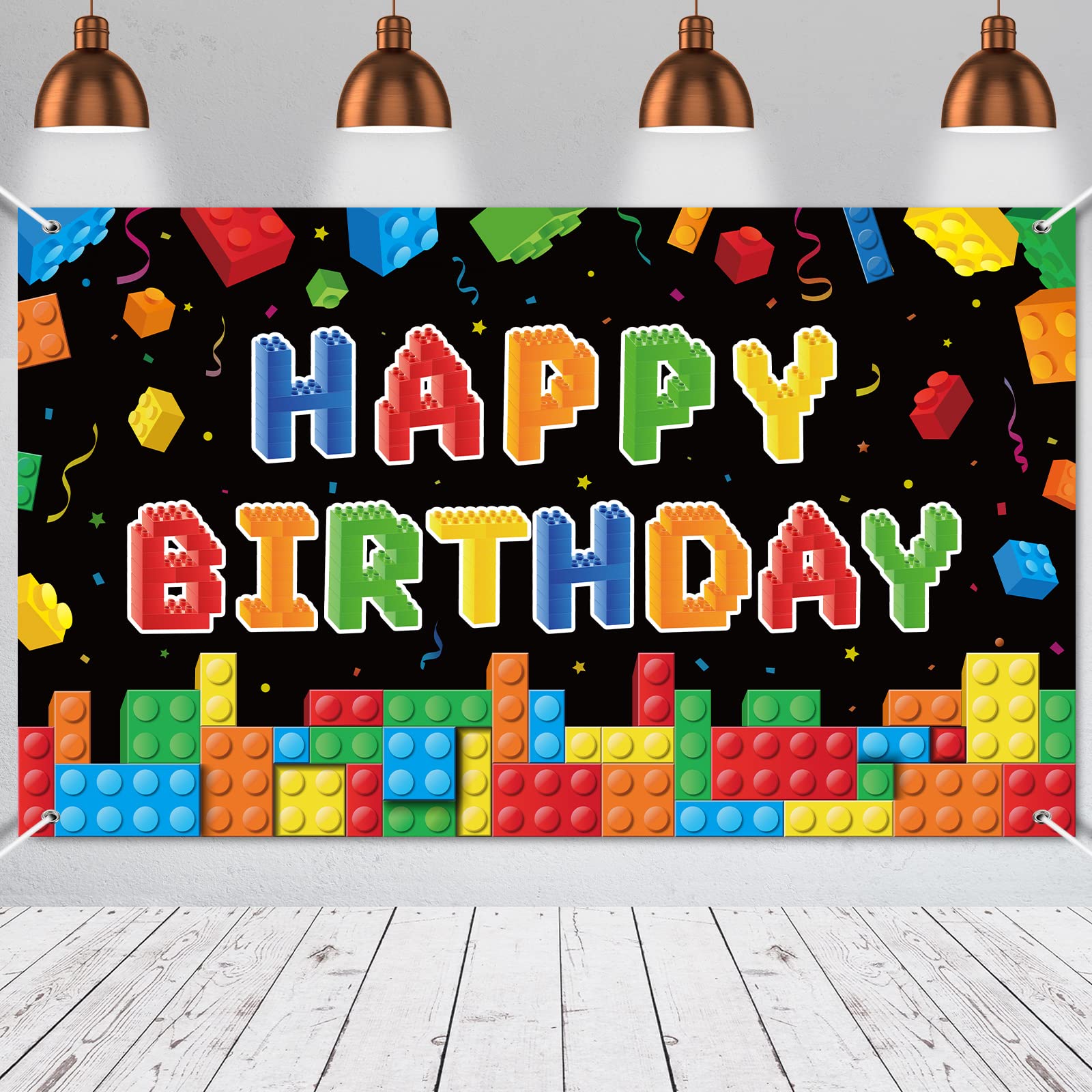 Panelee Building Block Birthday Banner Building Blocks Party Backdrop Building Blocks Birthday Party Decoration Happy Birthday Banner Photography Background for Kids Party Supplies, 72.8 x 43.3 Inch