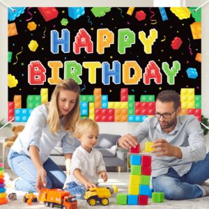 Panelee Building Block Birthday Banner Building Blocks Party Backdrop Building Blocks Birthday Party Decoration Happy Birthday Banner Photography Background for Kids Party Supplies, 72.8 x 43.3 Inch