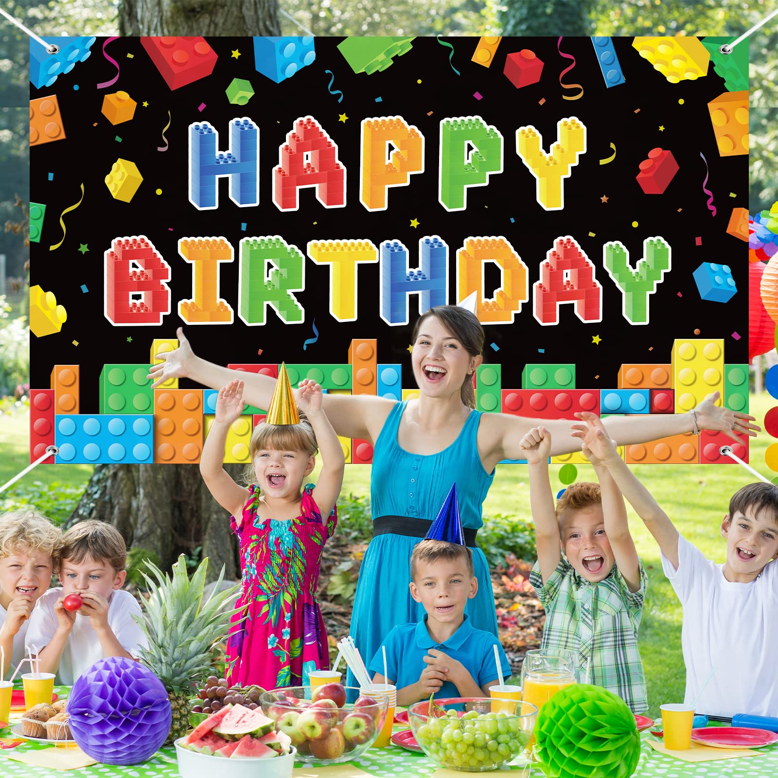 Panelee Building Block Birthday Banner Building Blocks Party Backdrop Building Blocks Birthday Party Decoration Happy Birthday Banner Photography Background for Kids Party Supplies, 72.8 x 43.3 Inch