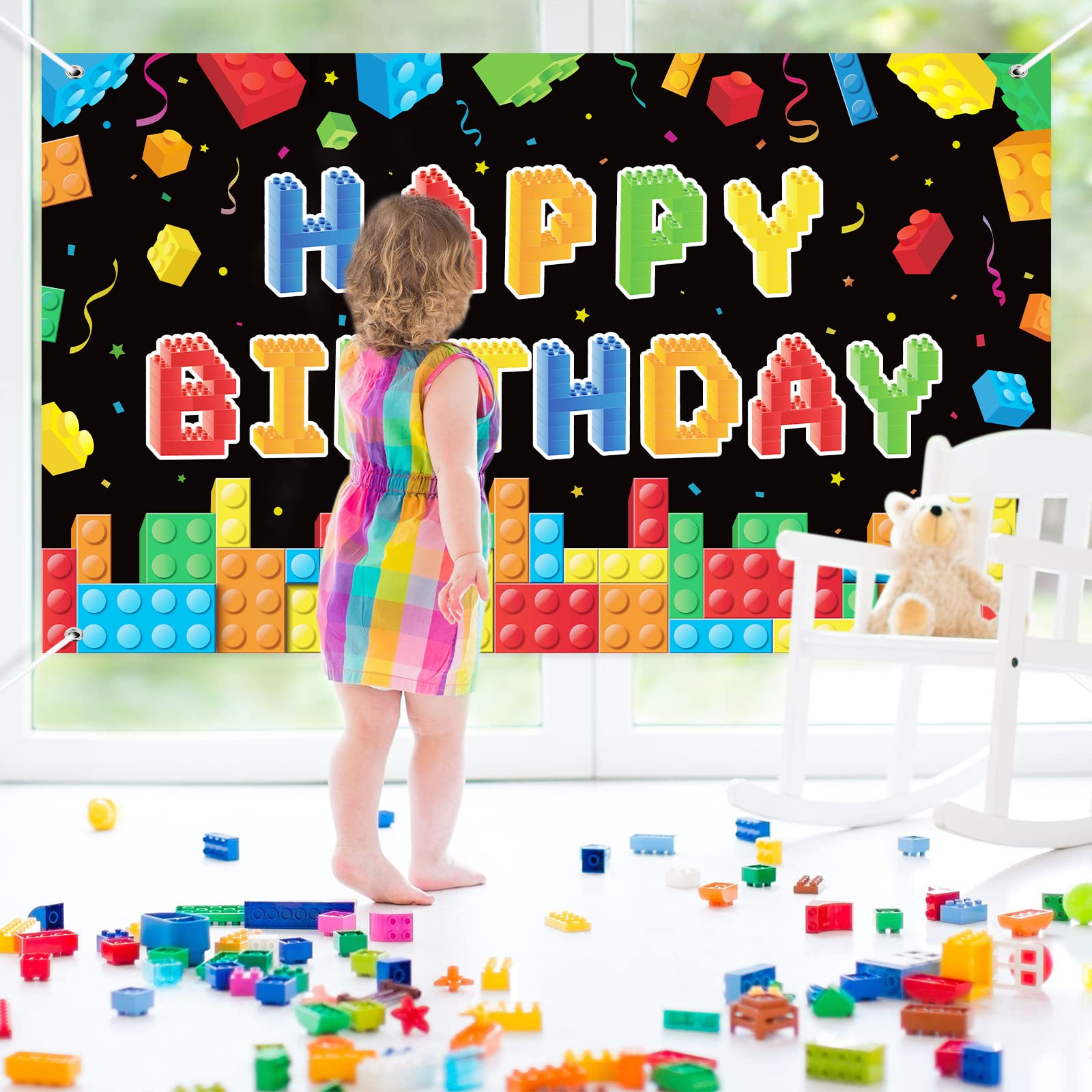 Panelee Building Block Birthday Banner Building Blocks Party Backdrop Building Blocks Birthday Party Decoration Happy Birthday Banner Photography Background for Kids Party Supplies, 72.8 x 43.3 Inch