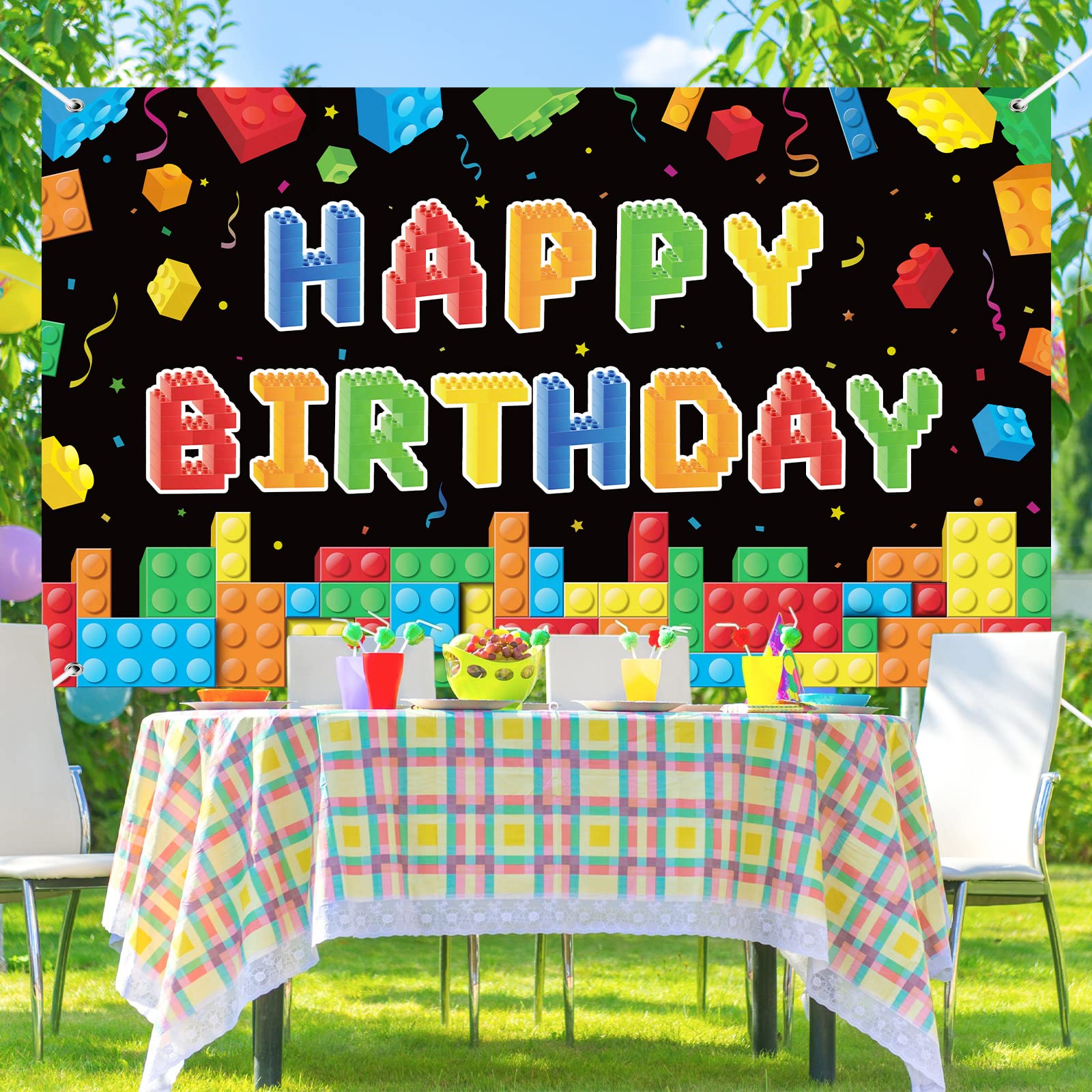 Panelee Building Block Birthday Banner Building Blocks Party Backdrop Building Blocks Birthday Party Decoration Happy Birthday Banner Photography Background for Kids Party Supplies, 72.8 x 43.3 Inch