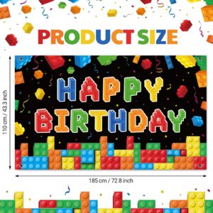 Panelee Building Block Birthday Banner Building Blocks Party Backdrop Building Blocks Birthday Party Decoration Happy Birthday Banner Photography Background for Kids Party Supplies, 72.8 x 43.3 Inch