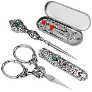 kdafio embroidery scissors kits, vintage scissors european style sewing tools with embroidery scissors, sewing awl, sewing needle case, complete sewing kits for embroidery and craft art work (silver)