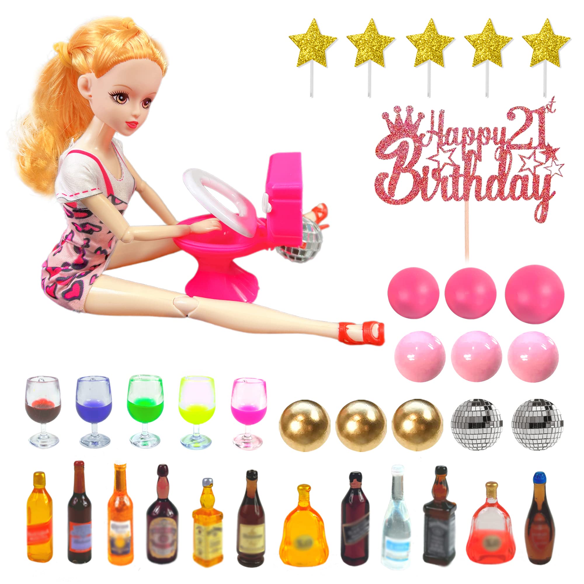 36 PCS Mini Wine Bottles Cake Toppers With 12 Mini Wine Bottles 5 Mini Wine Glasses 1Toilet Toy 1 Beauty Doll 21st Birthday Cake Topper for Celebrating Birthday Girl Party (Pink)