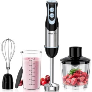 fresko immersion hand blender 4-in-1, 500w powerful stainless steel emulsion blender handheld with 12-speeds & turbo mode, includes measuring cup, chopper & whisk, ideal for blending soups & smoothies