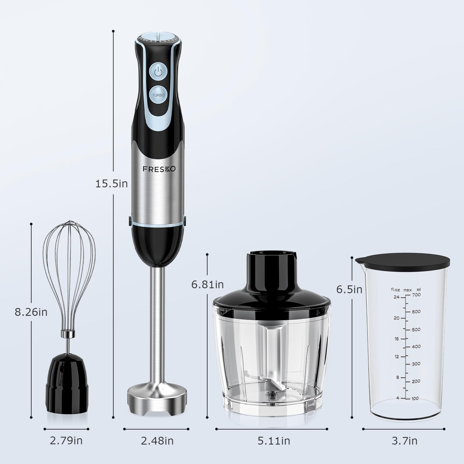 FRESKO Immersion Hand Blender 4-in-1, 500W Powerful Stainless Steel Emulsion Blender Handheld with 12-Speeds & Turbo Mode, Includes Measuring Cup, Chopper & Whisk, Ideal for Blending Soups & Smoothies