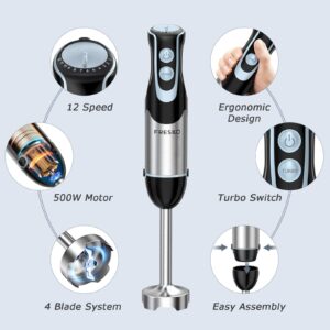 FRESKO Immersion Hand Blender 4-in-1, 500W Powerful Stainless Steel Emulsion Blender Handheld with 12-Speeds & Turbo Mode, Includes Measuring Cup, Chopper & Whisk, Ideal for Blending Soups & Smoothies