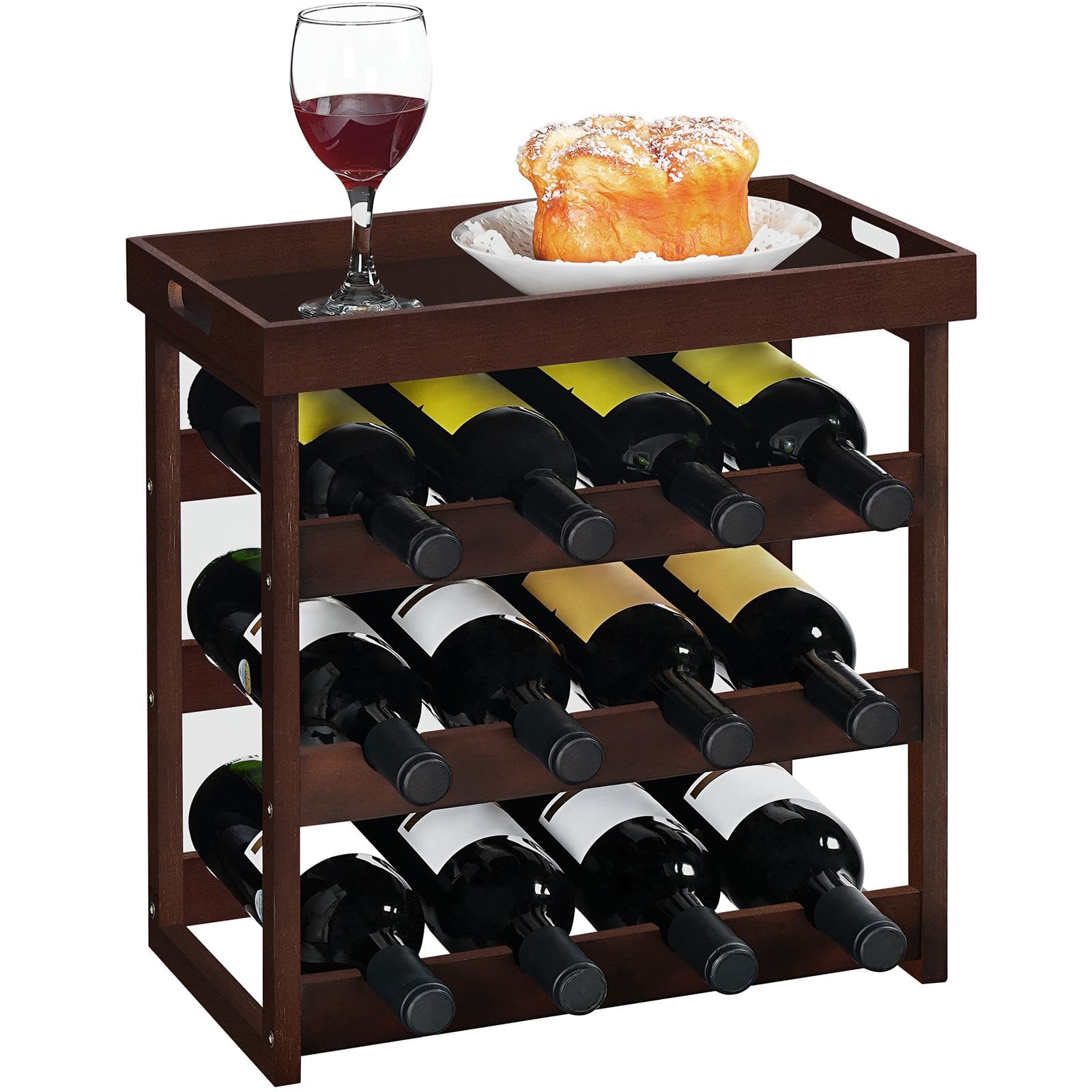 HOOBRO Bamboo Wine Rack, Wine Storage Cabinet Shelf with Detachable Tray, 3 Tiers 12-Bottle Wine Rack Countertop, Wine Bottle Holder Stand for Kitchen, Dining Room, Pantry, Brown BR23JJ01