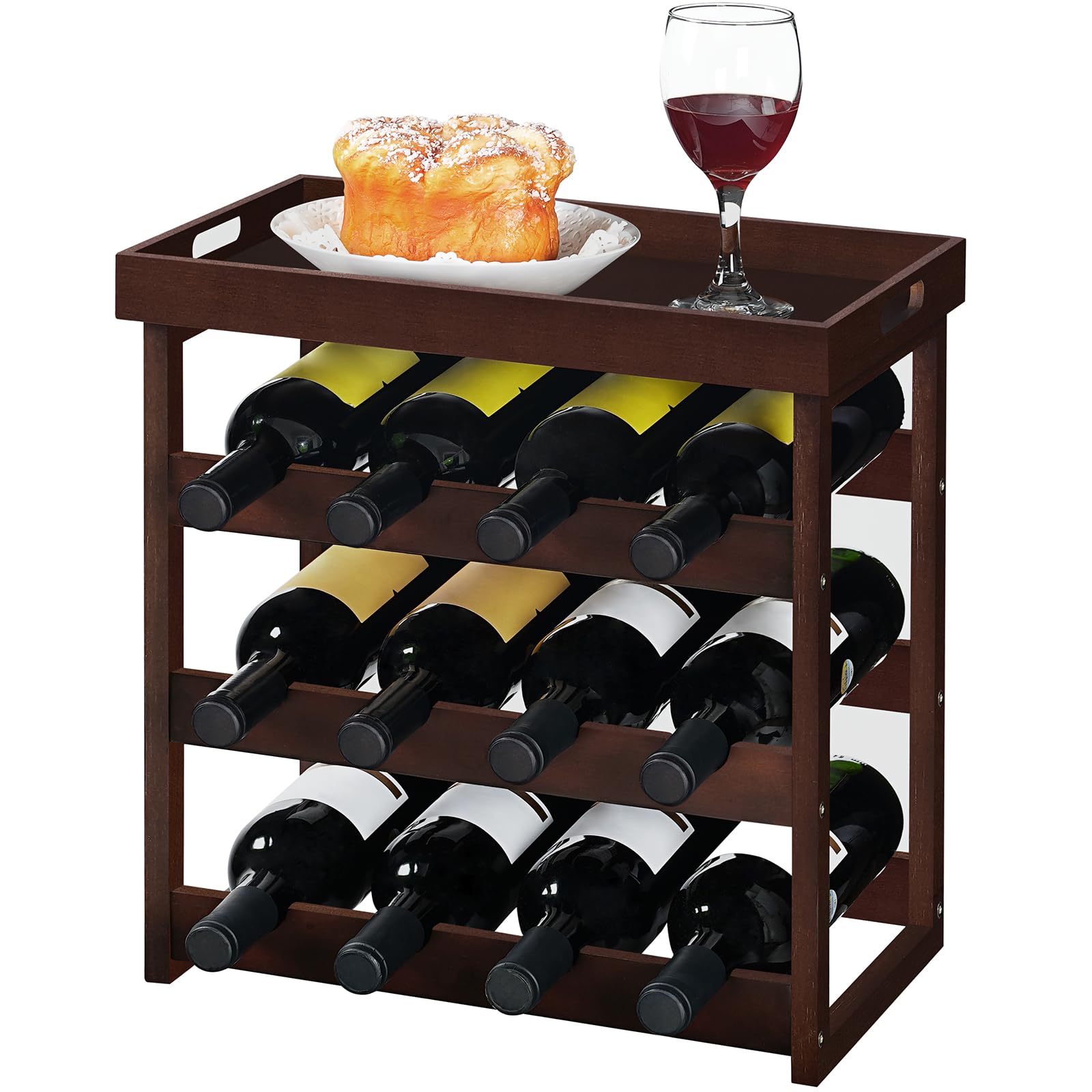 HOOBRO Bamboo Wine Rack, Wine Storage Cabinet Shelf with Detachable Tray, 3 Tiers 12-Bottle Wine Rack Countertop, Wine Bottle Holder Stand for Kitchen, Dining Room, Pantry, Brown BR23JJ01