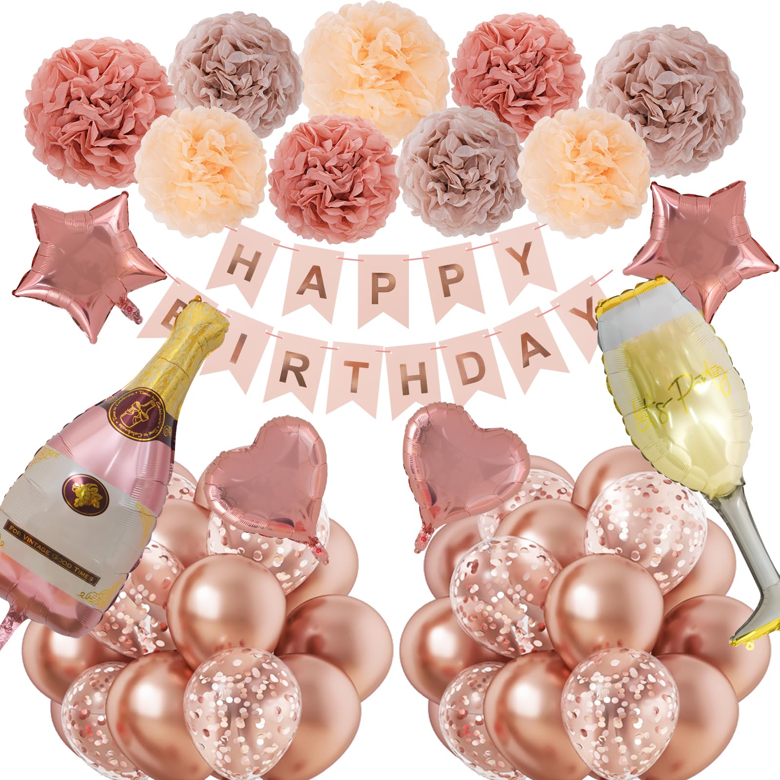 RUBFAC Rose Gold Birthday Decorations for Women and Girls, Rose Gold Party Decorations Set,Happy Birthday Banner, Metallic Rose Gold Confetti Balloons, Foil Balloons