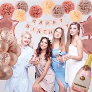 RUBFAC Rose Gold Birthday Decorations for Women and Girls, Rose Gold Party Decorations Set,Happy Birthday Banner, Metallic Rose Gold Confetti Balloons, Foil Balloons