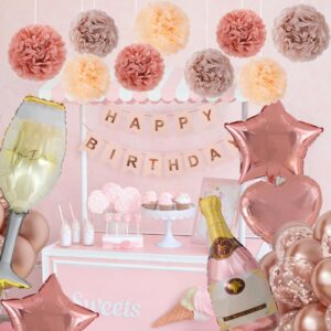 RUBFAC Rose Gold Birthday Decorations for Women and Girls, Rose Gold Party Decorations Set,Happy Birthday Banner, Metallic Rose Gold Confetti Balloons, Foil Balloons