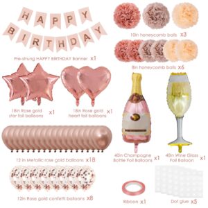 RUBFAC Rose Gold Birthday Decorations for Women and Girls, Rose Gold Party Decorations Set,Happy Birthday Banner, Metallic Rose Gold Confetti Balloons, Foil Balloons