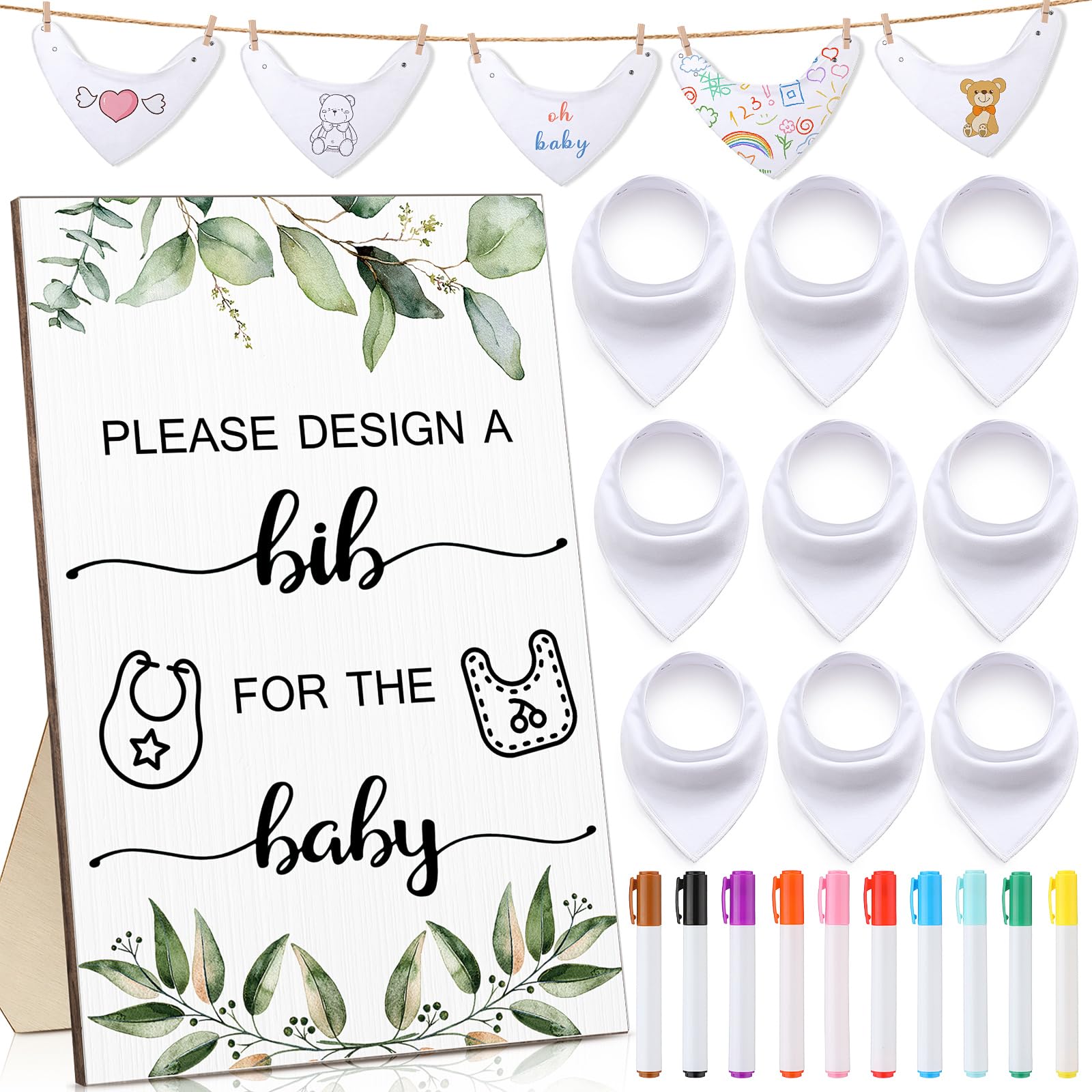 Qunclay 36 Pcs Baby Bibs Baby Shower Game Set Baby Bib Design 25 Pcs White Blank Baby Bibs Feeder Bibs for Baby, 1 Pcs Wooden Bib Sign, 10 Pcs Fabric Markers DIY Baby Gift for Gender Reveal